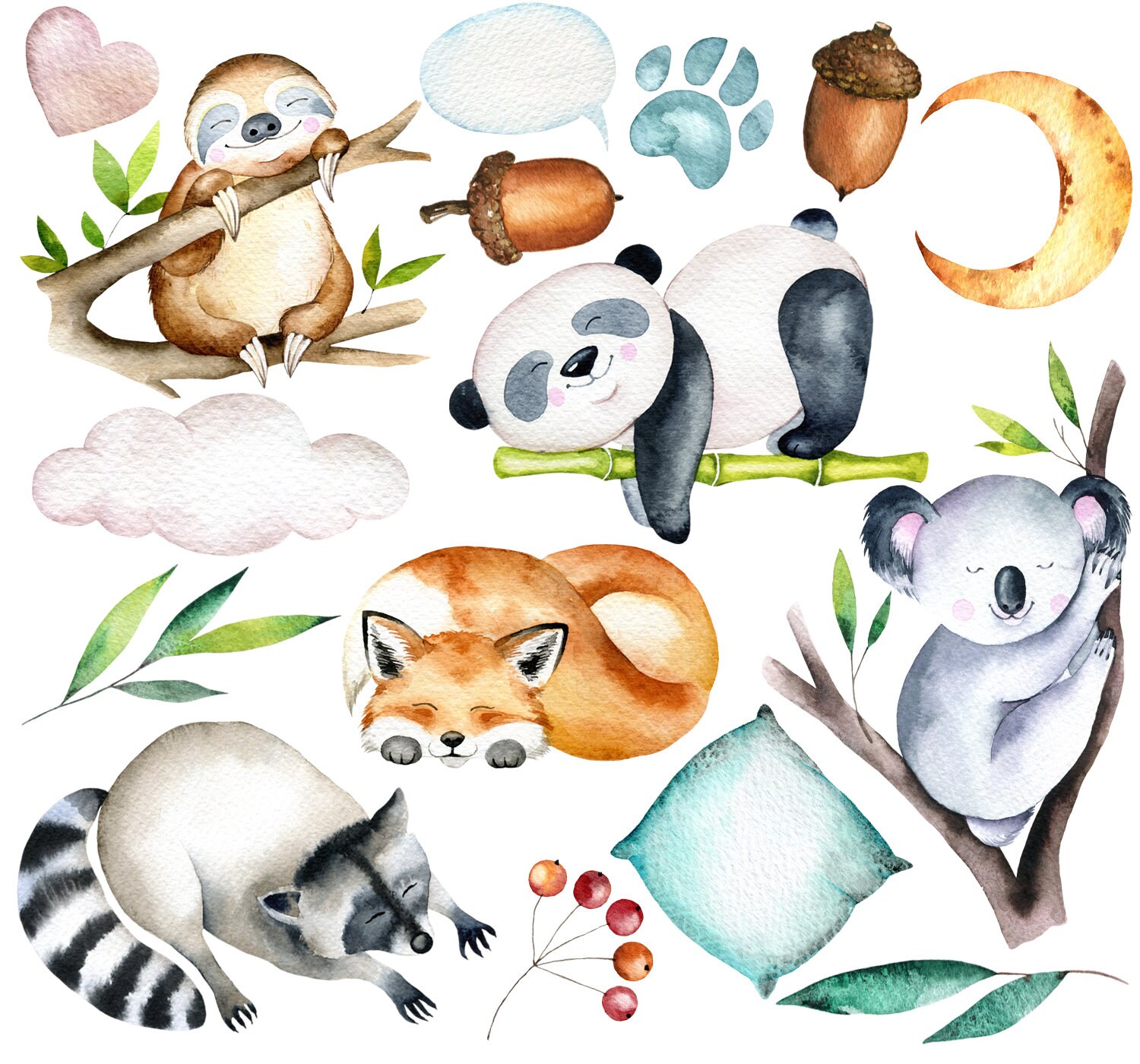 Cute Sleeping Animals Watercolor Clipart Cute Sleeping Panda - Etsy