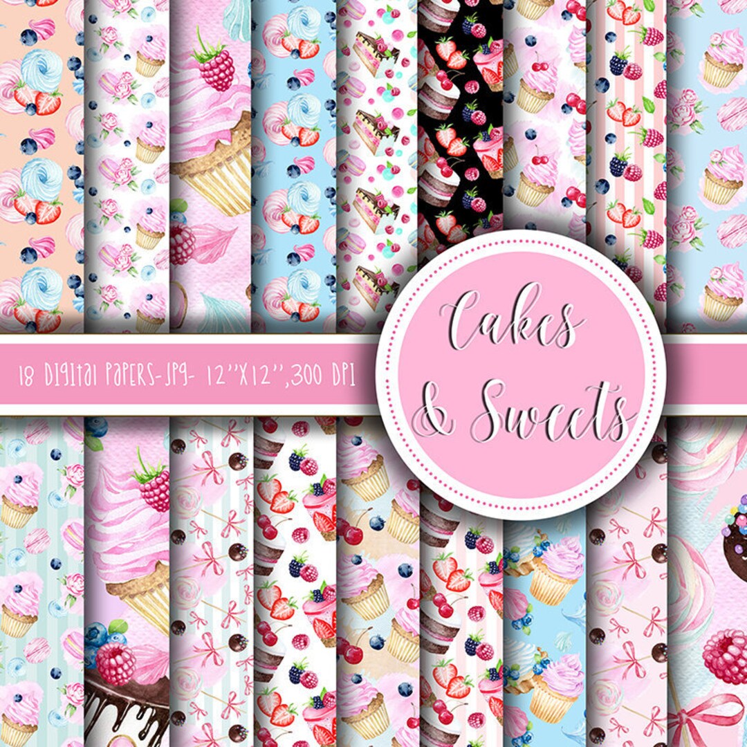Watercolor Cakes Paper,dessert Digital Paper,watercolor Cupcake,candy ...
