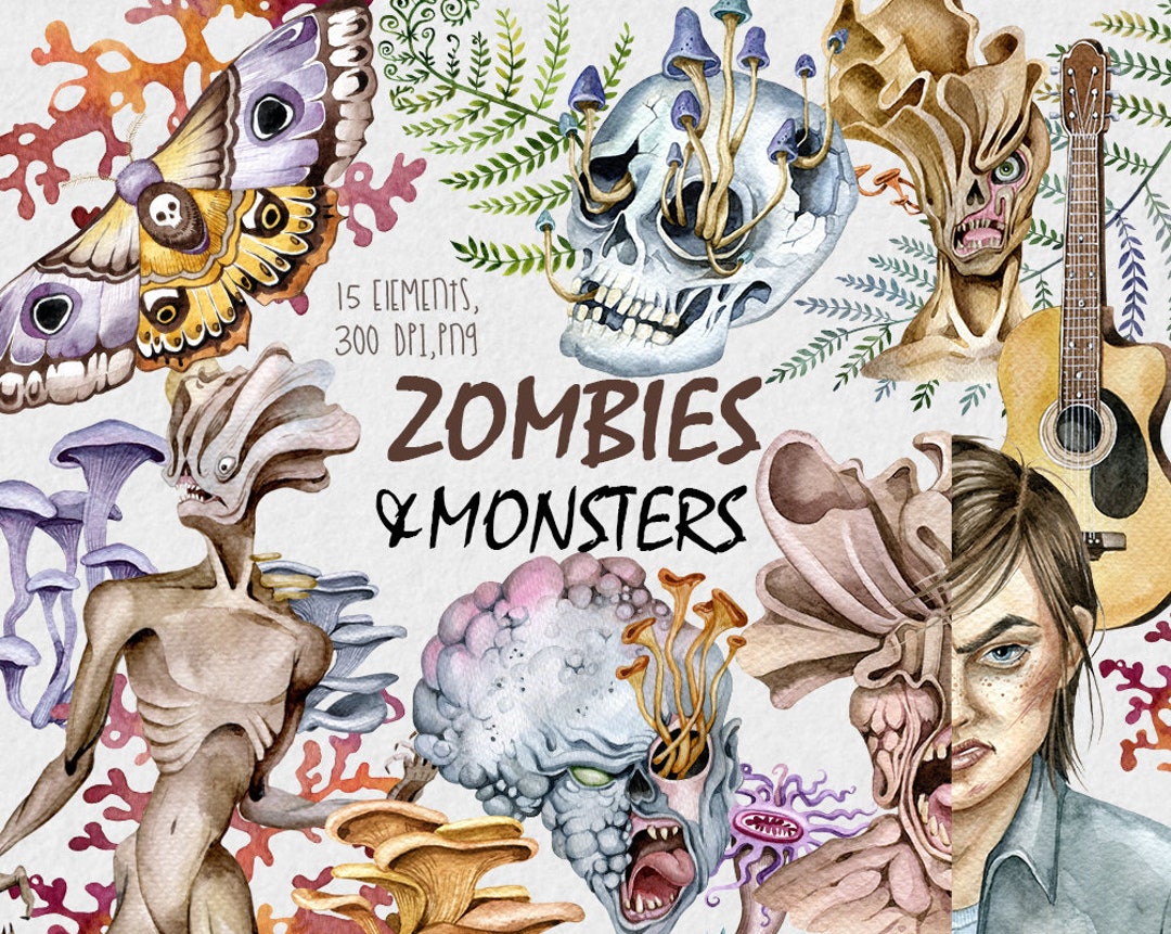 Zombies and Monsters Watercolor Clipart Set, Skull, Butterfly ...