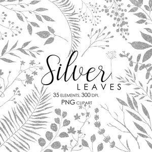 Silver Glitter Leaves Clipart, Silver Design Elements, Silver Collage ...