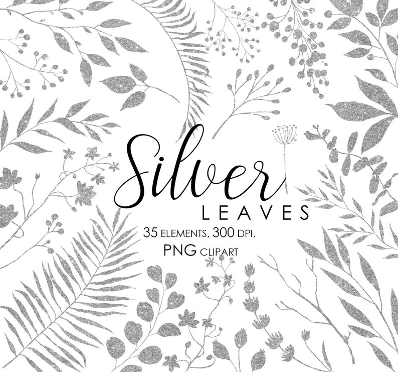 Silver Glitter Leaves Clipart, Silver Design Elements, Silver Collage ...