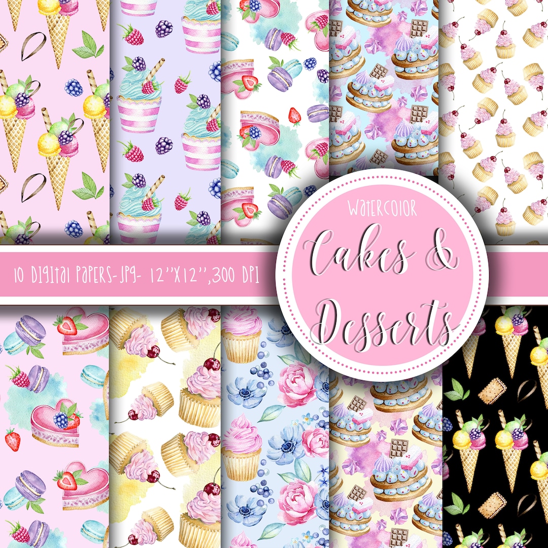 Watercolor Cakes Paper,dessert Digital Paper,watercolor Cupcake,candy ...