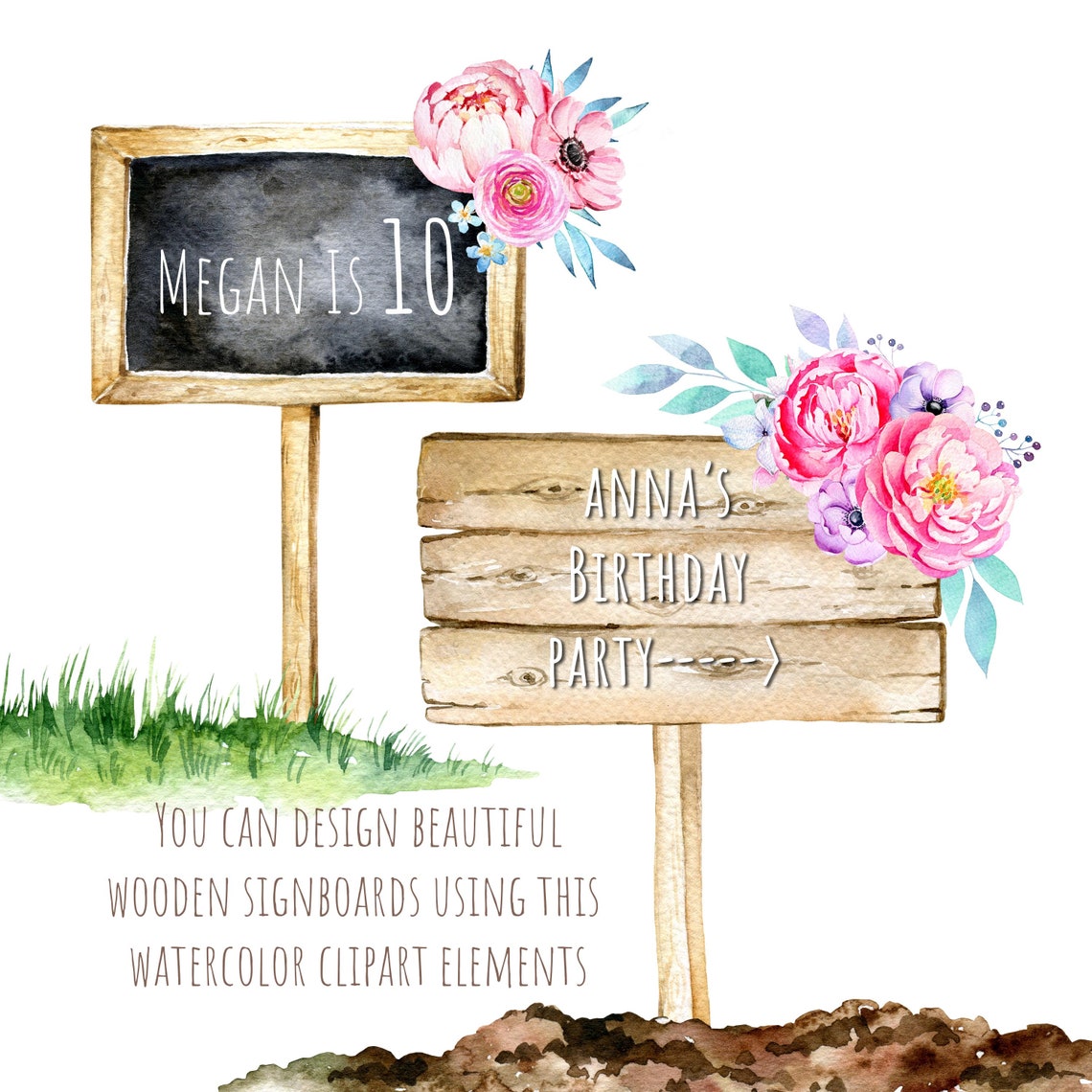 Watercolor Wooden Signboards With Floral Elements Wooden - Etsy