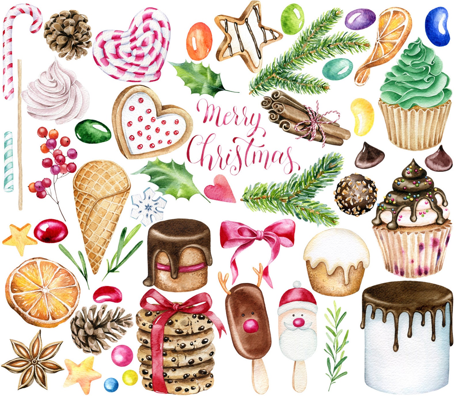 Watercolor Christmas Sweets Christmas Cakes and - Etsy