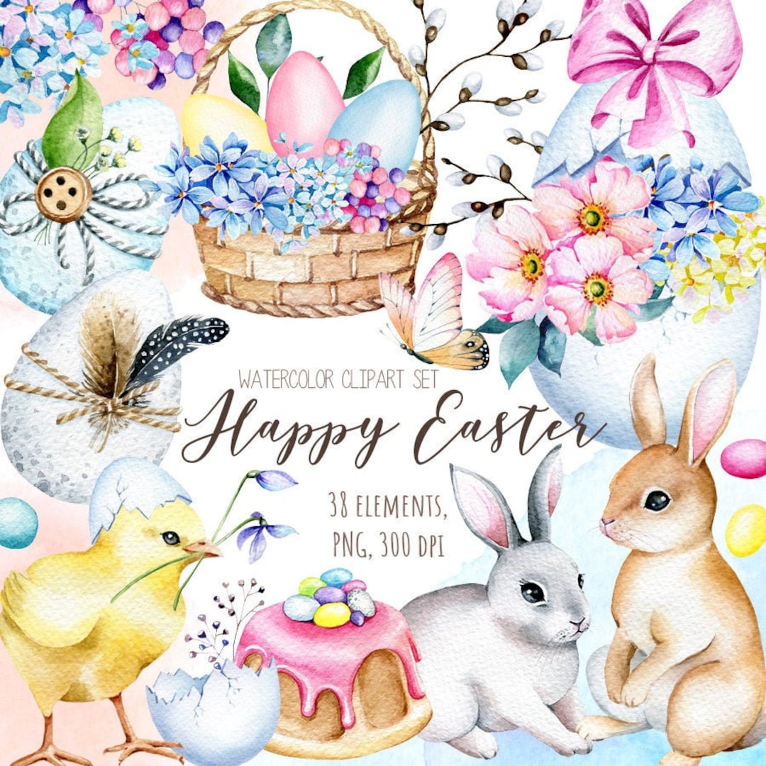 Easter Watercolor Bunny Clipart, Spring Easter Clipart, Easter Eggs ...