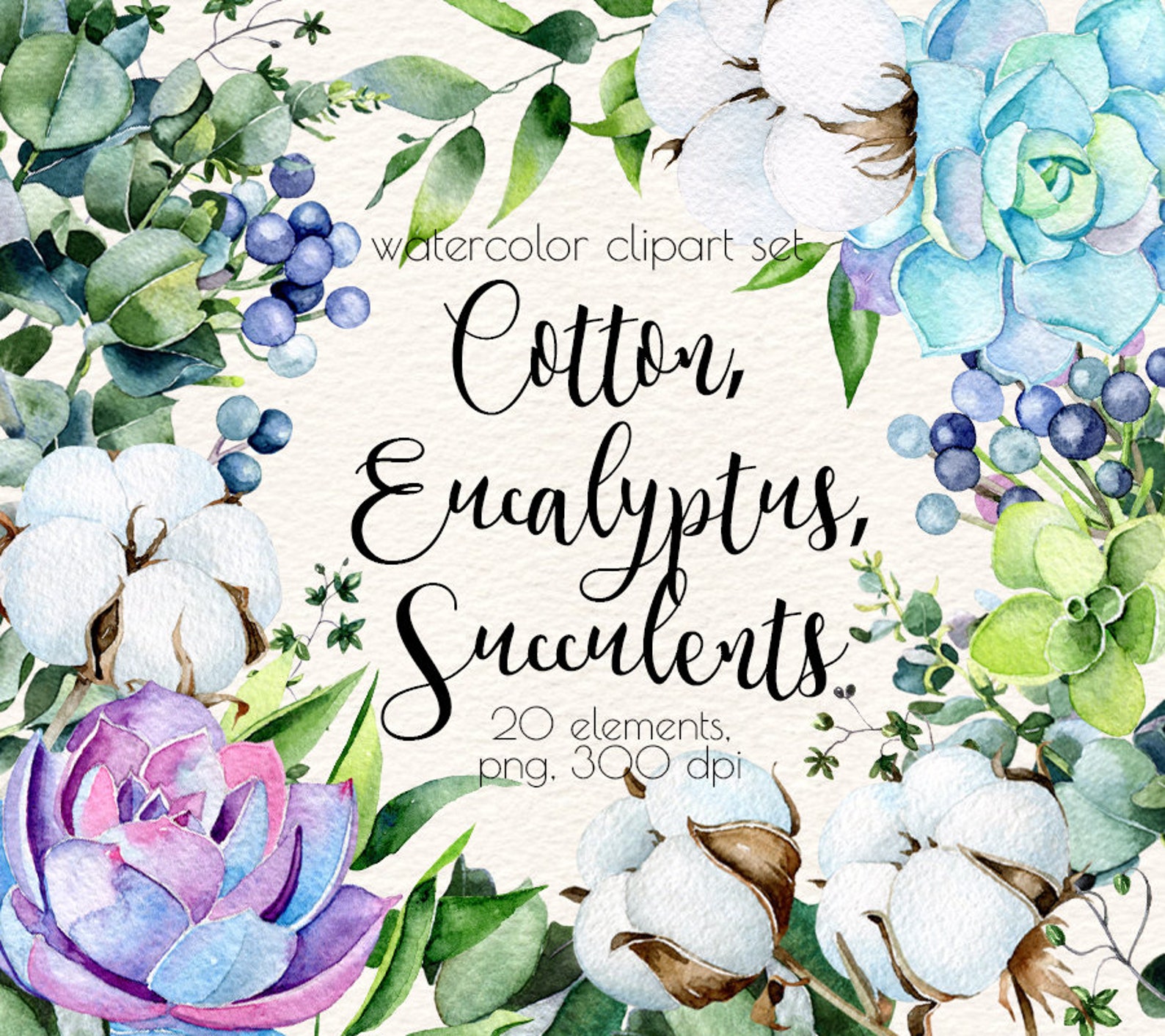 Succulent Clipart, Watercolor Succulents,eucalyptus Wreath,cotton ...