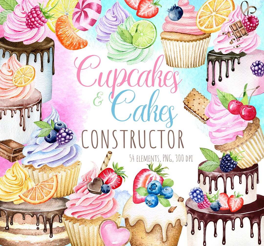 Watercolor Cupcakes and Cakes CONSTRUCTOR, Watercolor Cupcakes Clipart ...