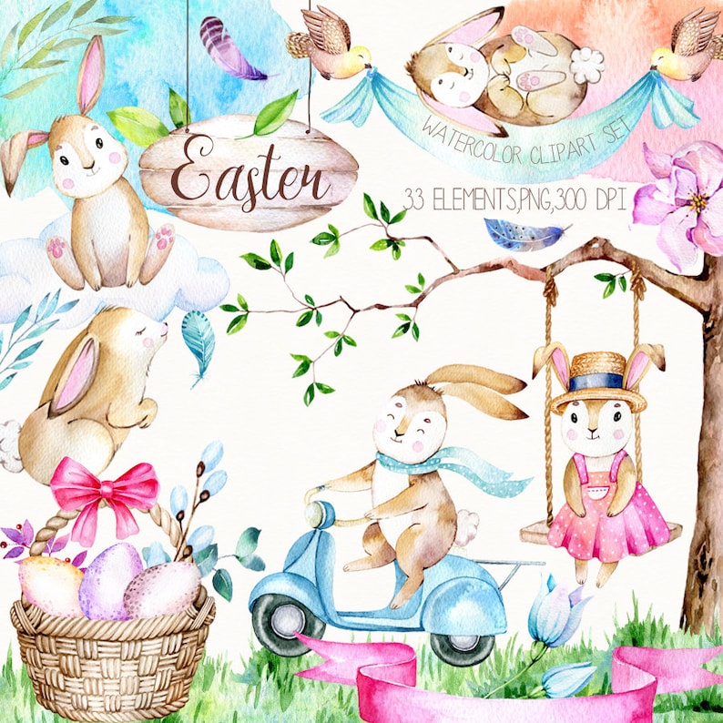 Easter Watercolor Cliparteaster Bunny Clipartspring - Etsy