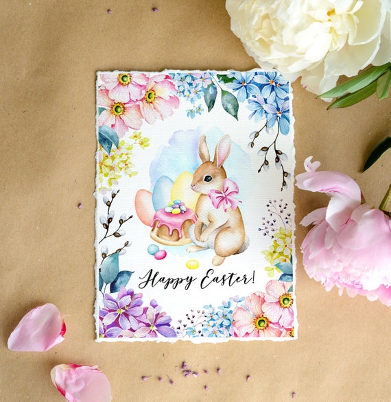 Easter Watercolor Bunny Greeting Card Vintage Easter Card | Etsy