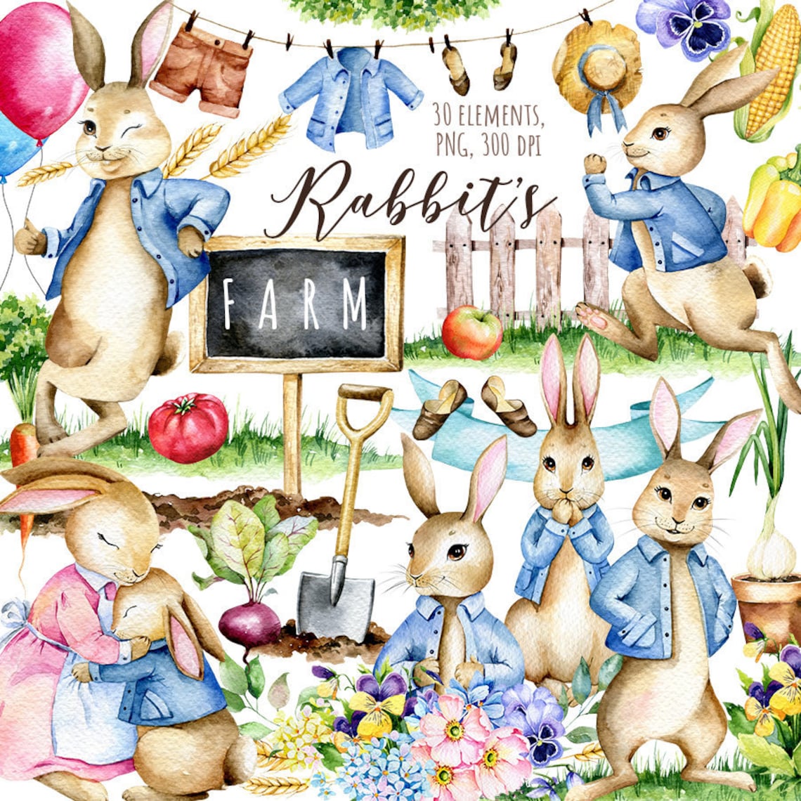 Cute Rabbit's Farm Watercolor Clipart, Cute Bunny, Farm Animals Clipart ...