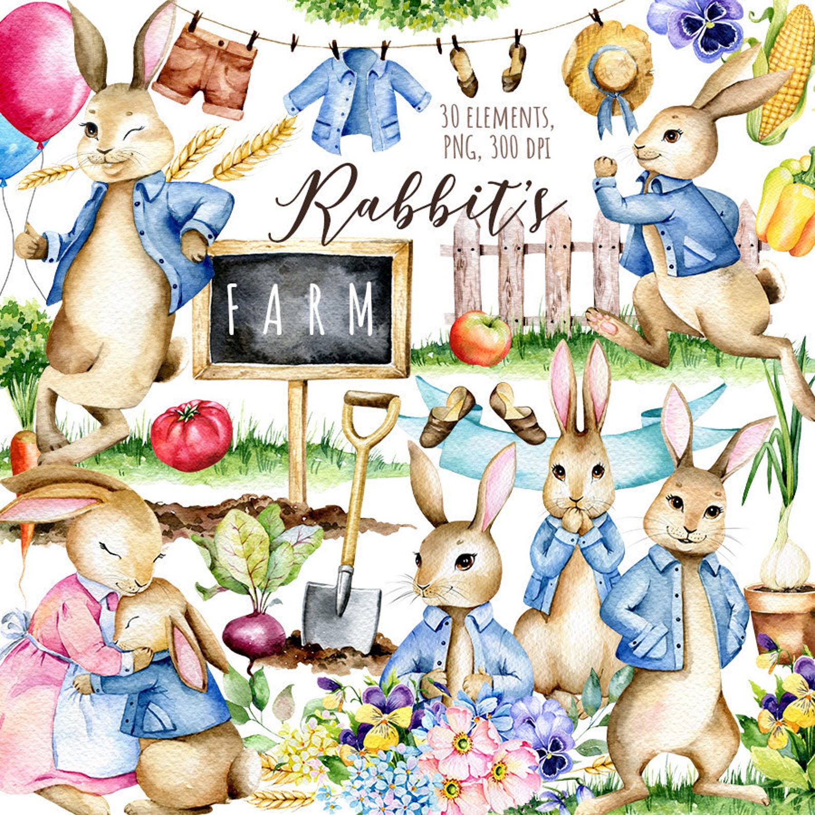 Cute Rabbit's Farm Watercolor Clipart, Cute Bunny, Farm Animals Clipart ...