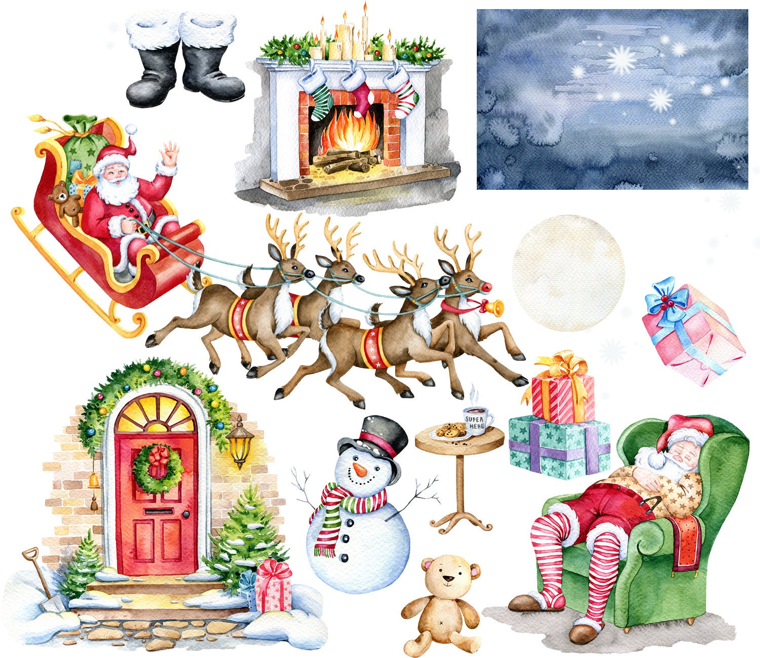 Santa Claus Watercolor Clipart Set Santa Claus Sleigh Rudolf - Etsy
