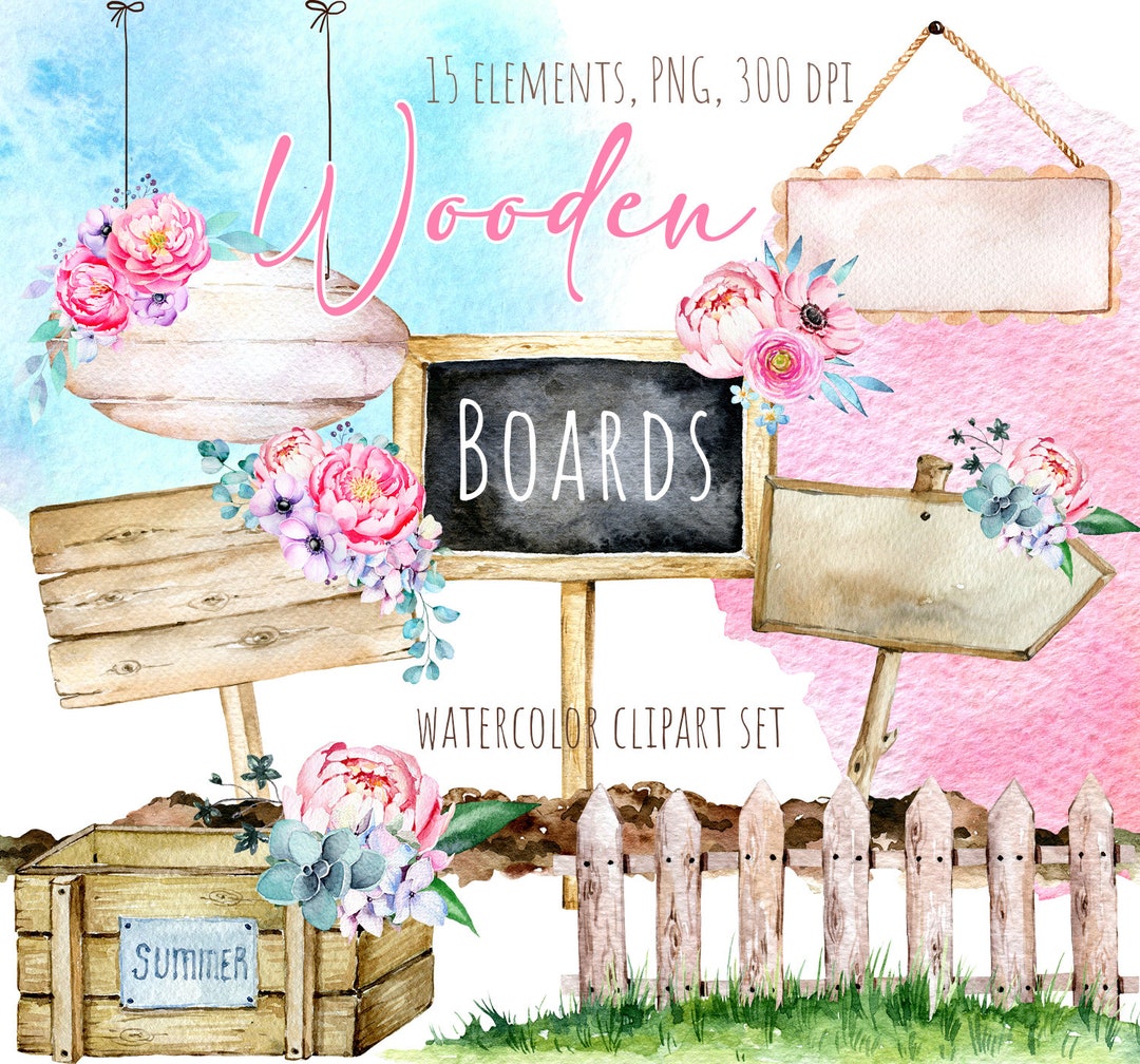 Watercolor Wooden Signboards With Floral Elements, Wooden Arrow ...