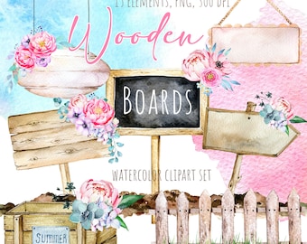 Watercolor Wooden Signboards With Floral Elements, Wooden Arrow ...