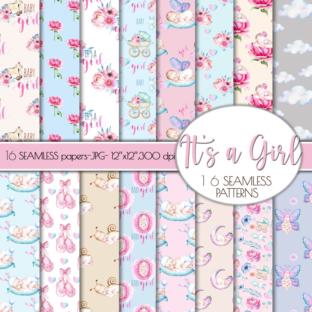 It's a Girl Seamless Patterns, Baby Girl Seamless Patterns, Baby Shower ...