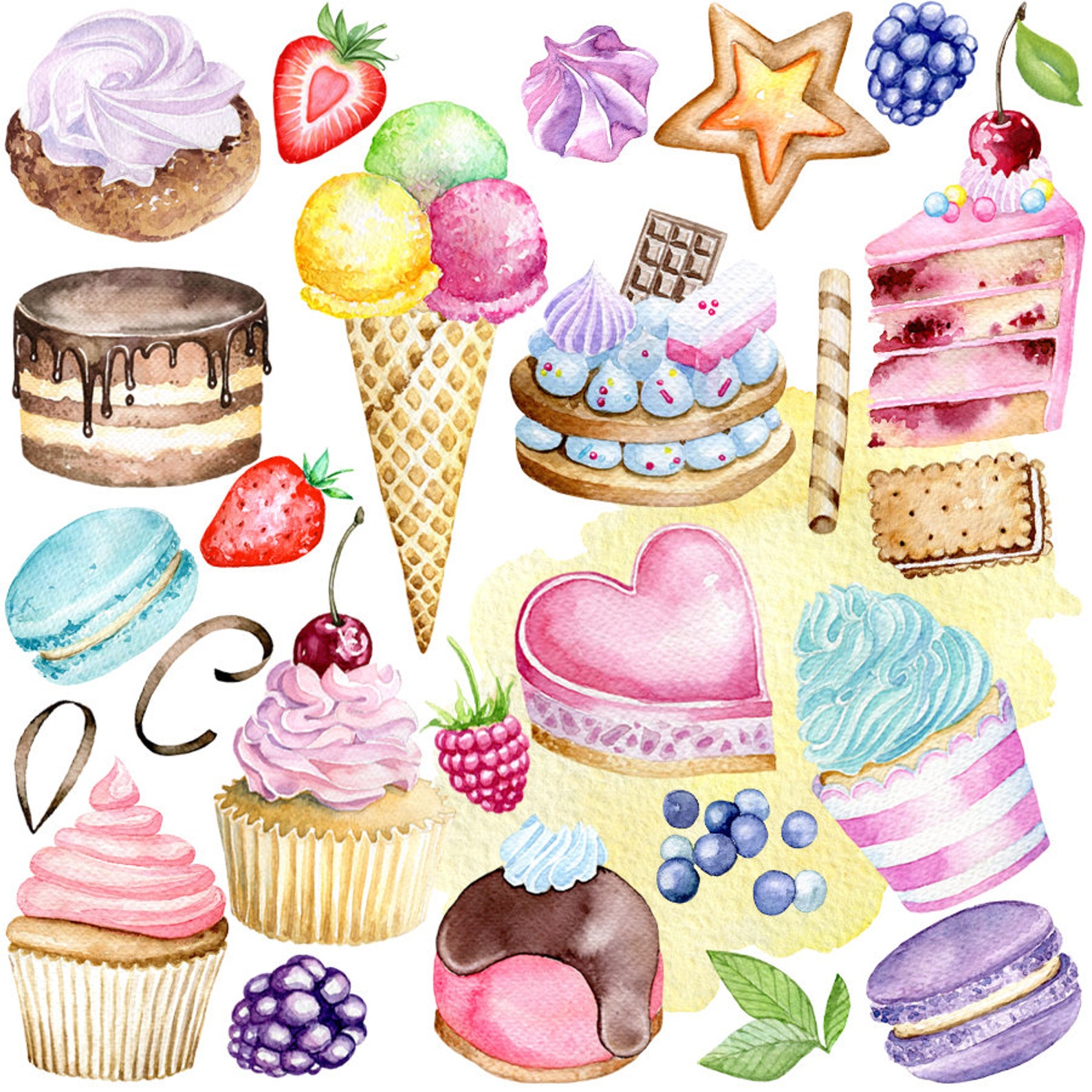 Watercolor Desserts Clipart,watercolor Cakes Clipart,watercolor Cupcake ...