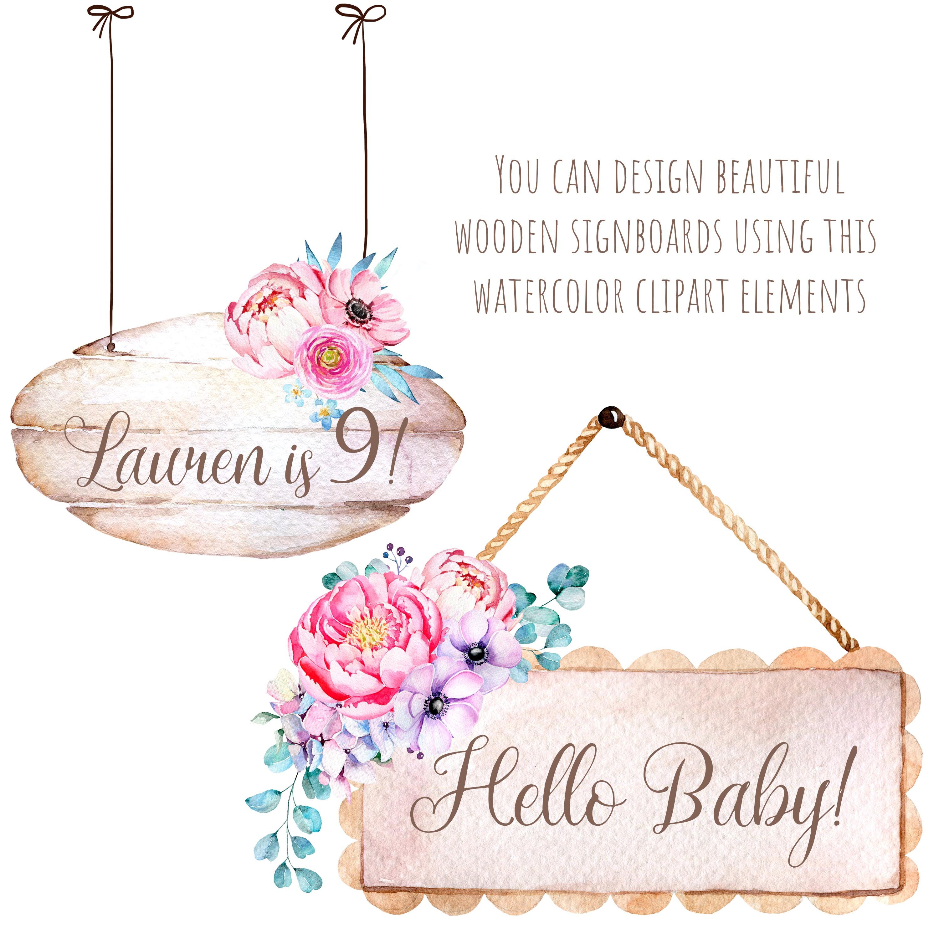 Watercolor Wooden Signboards With Floral Elements Wooden - Etsy