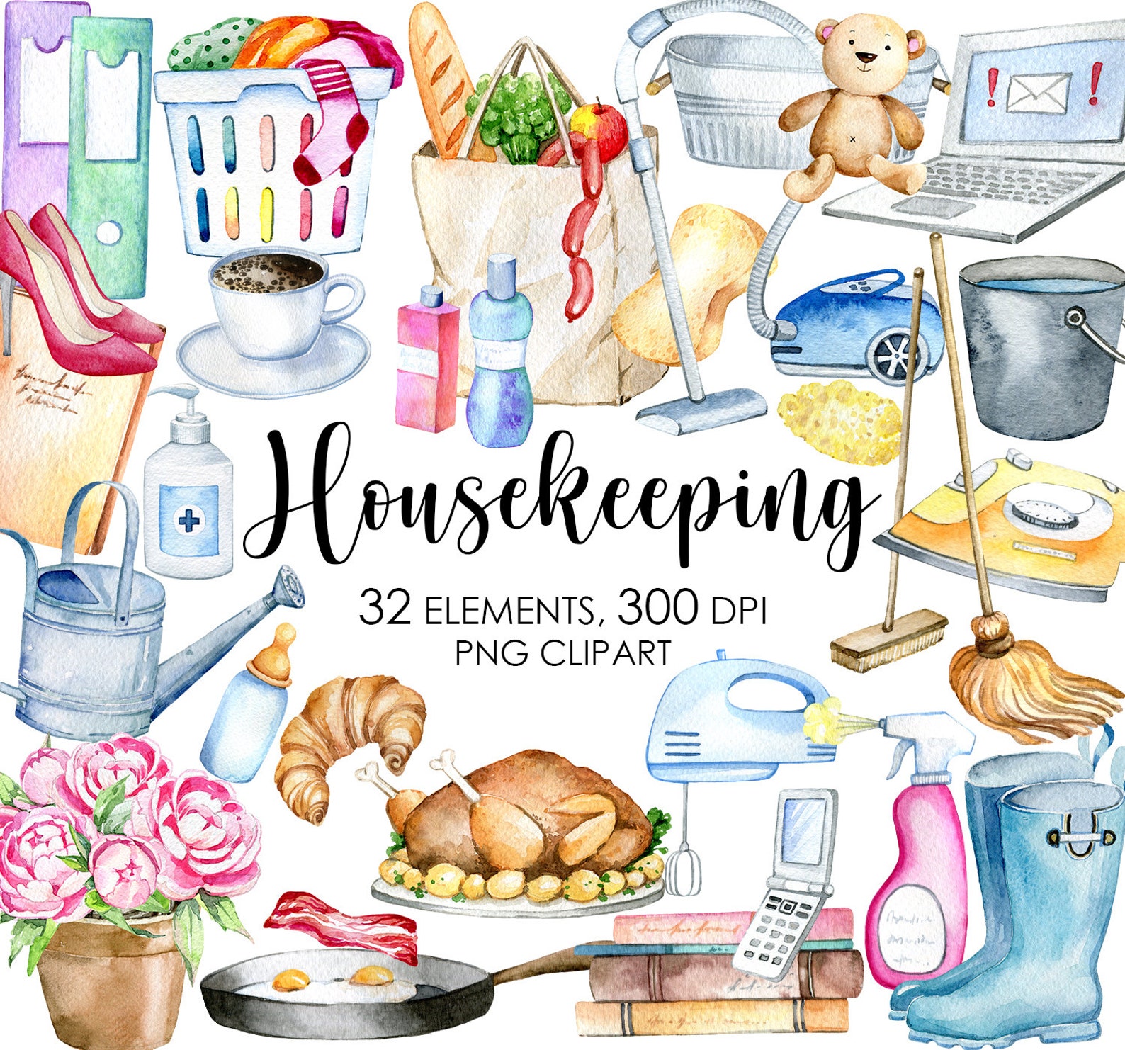 Housekeeping Clipart Watercolor Household illustrations | Etsy