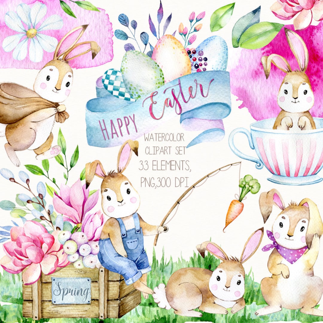 Easter Watercolor Clipart,spring Clipart,holiday Cards,bunny Clipart ...