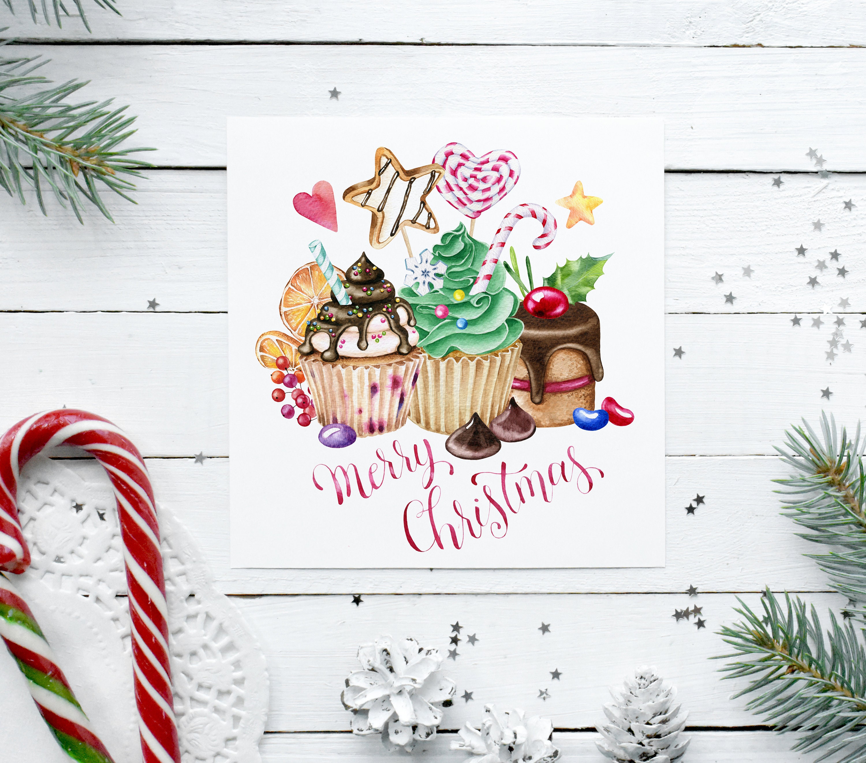 Watercolor Christmas Sweets, Christmas Cakes and Cupcakes,lollipops and ...
