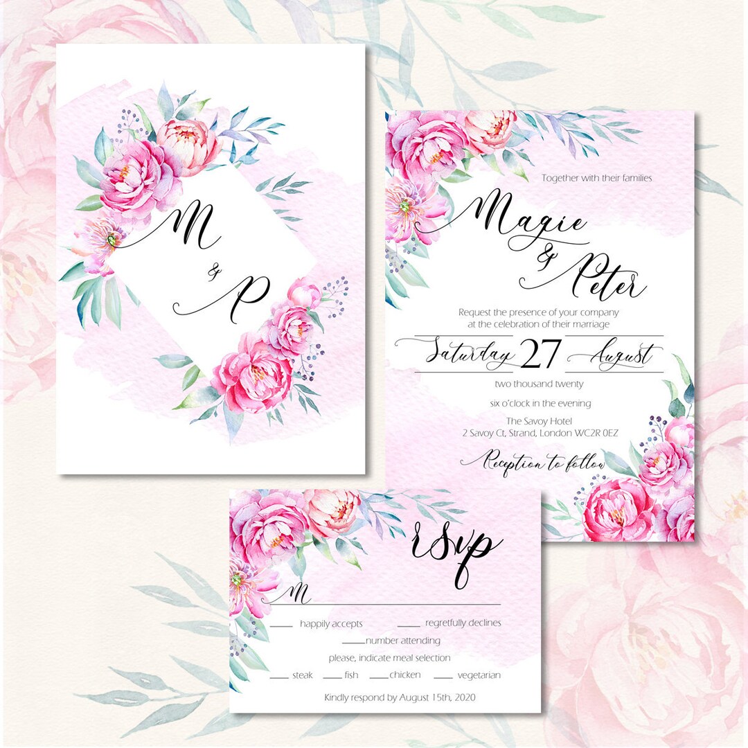Peony Wedding Invitation Setpink Wedding - Etsy