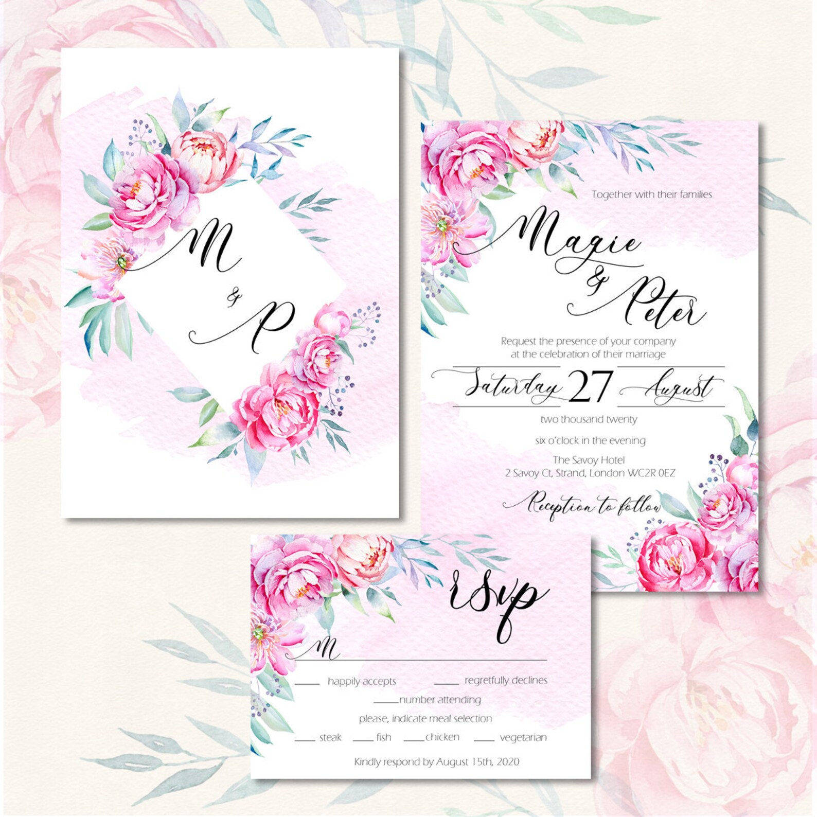 Peony Wedding Invitation Setpink Wedding | Etsy