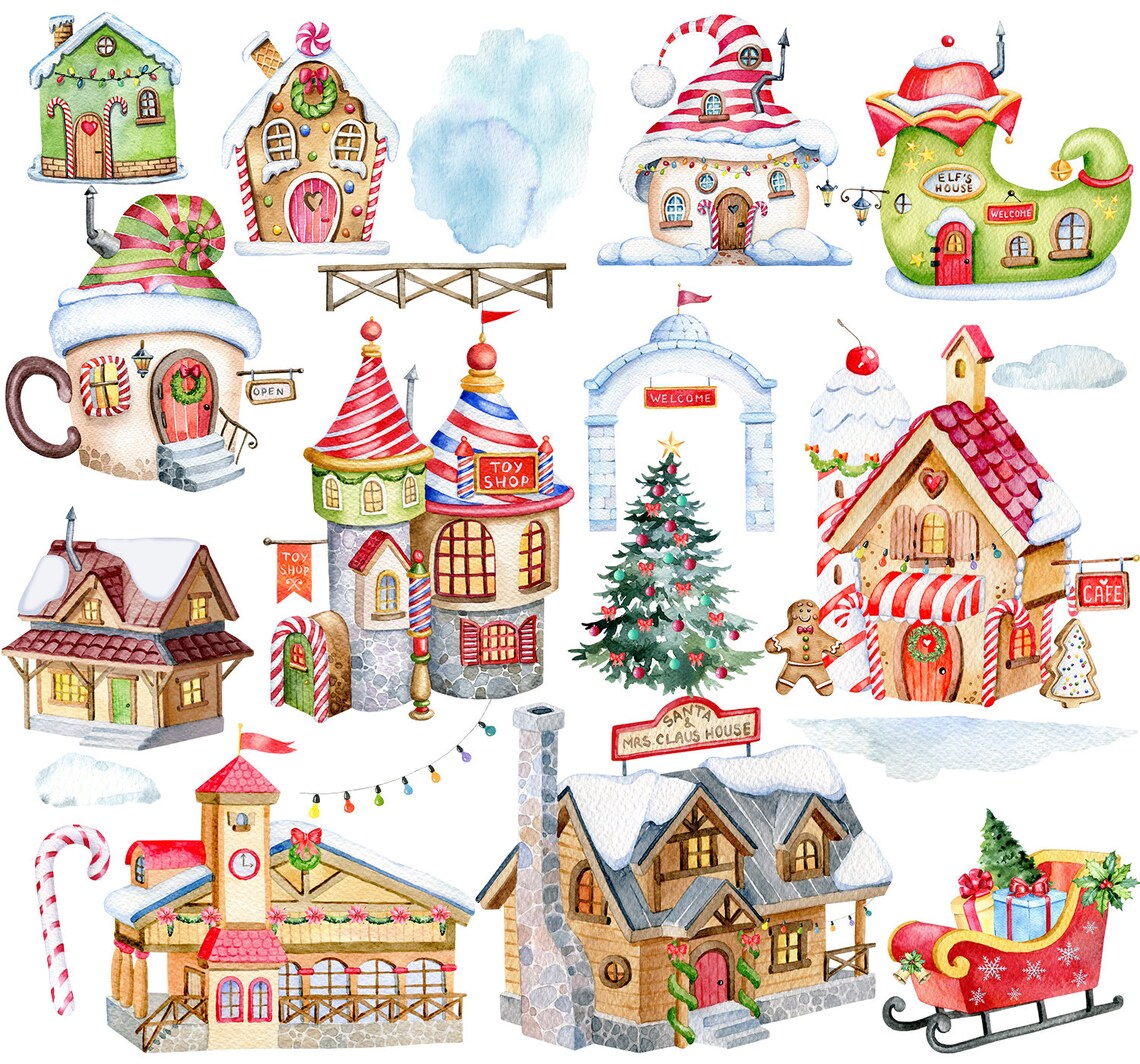 Christmas Houses Clipart Christmas Village Santa's - Etsy