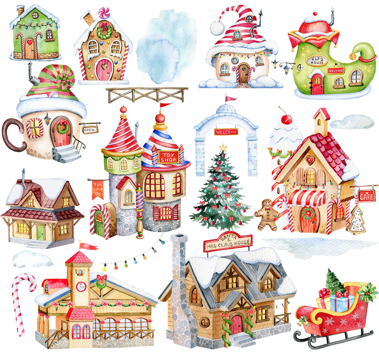 Christmas Houses Clipart, Christmas Village, Santa's Village, Toy Shop ...