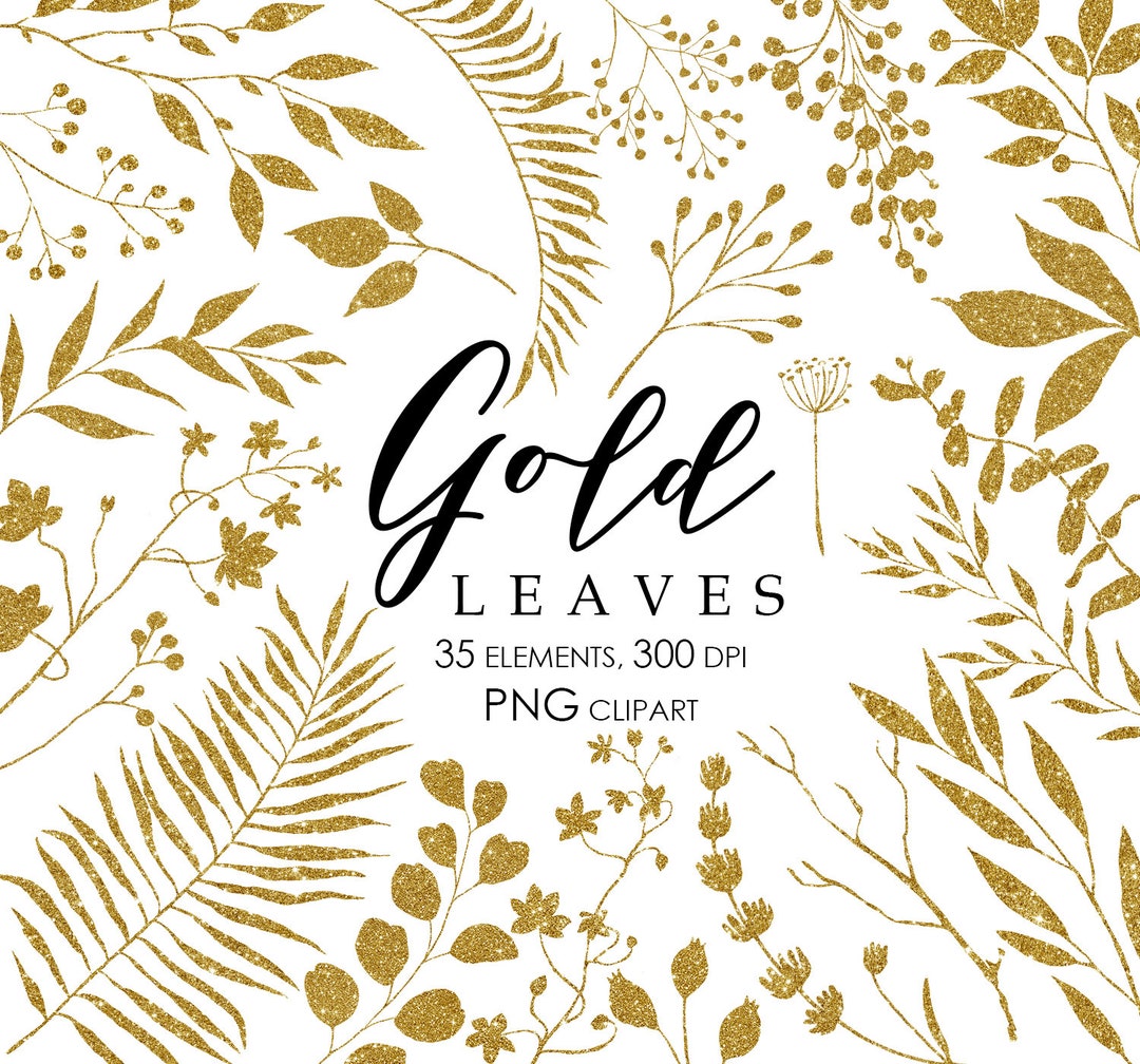 Gold Glitter Leaves Clipart, Gold Design Elements, Gold Collage ...