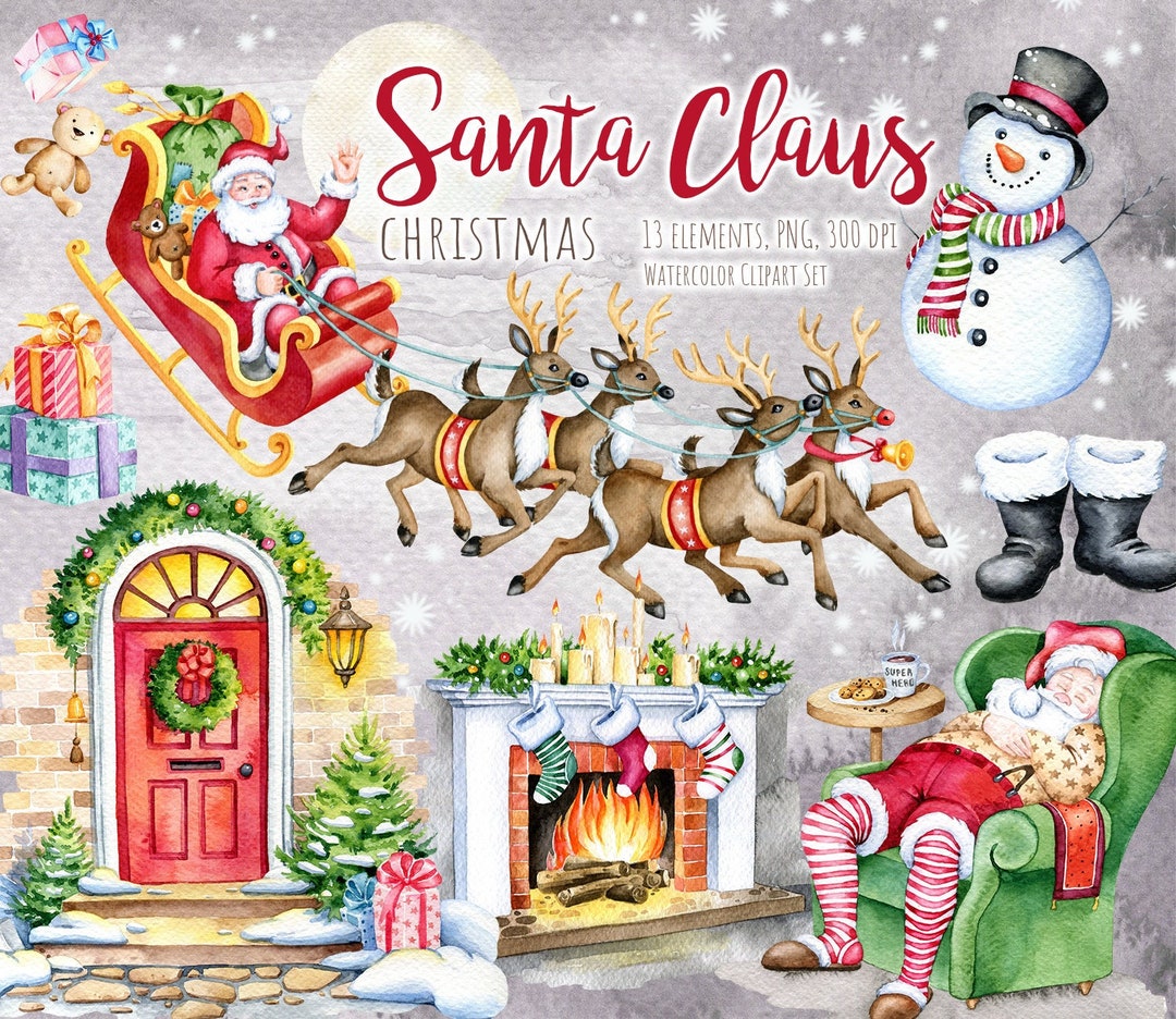 Santa Claus Watercolor Clipart Set, Santa Claus Sleigh, Rudolf the Red ...