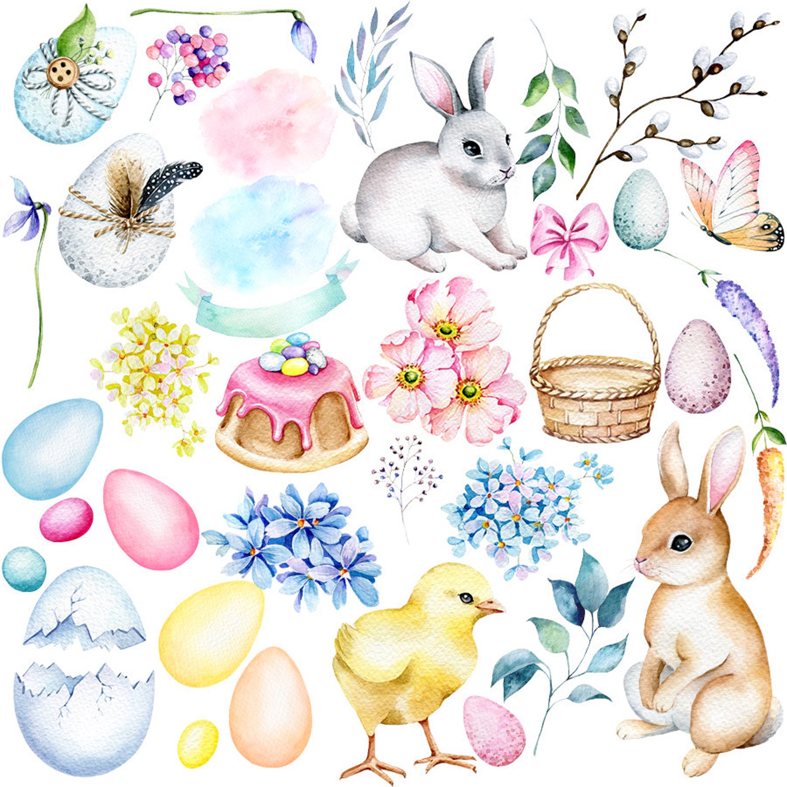 Easter Watercolor Bunny Clipart, Spring Easter Clipart, Easter Eggs ...