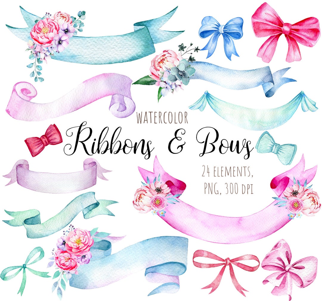 Watercolor Banners Clipart Set, Watercolor Ribbons and Bows With Floral ...
