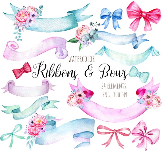 Watercolor Banners Clipart Set Watercolor Ribbons and Bows - Etsy