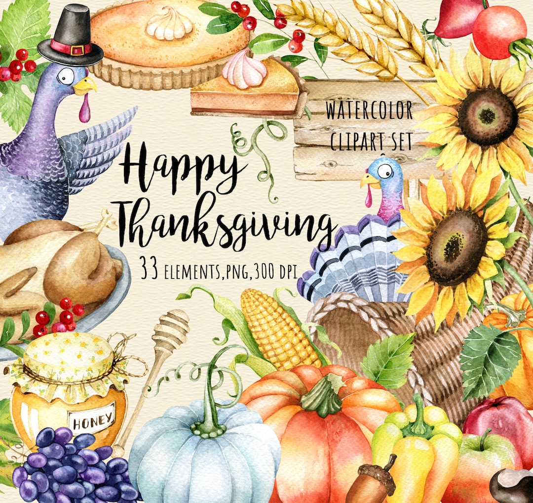 Happy Thanksgiving Day Watercolor Clipart Set, Funny Turkey, Vegan ...