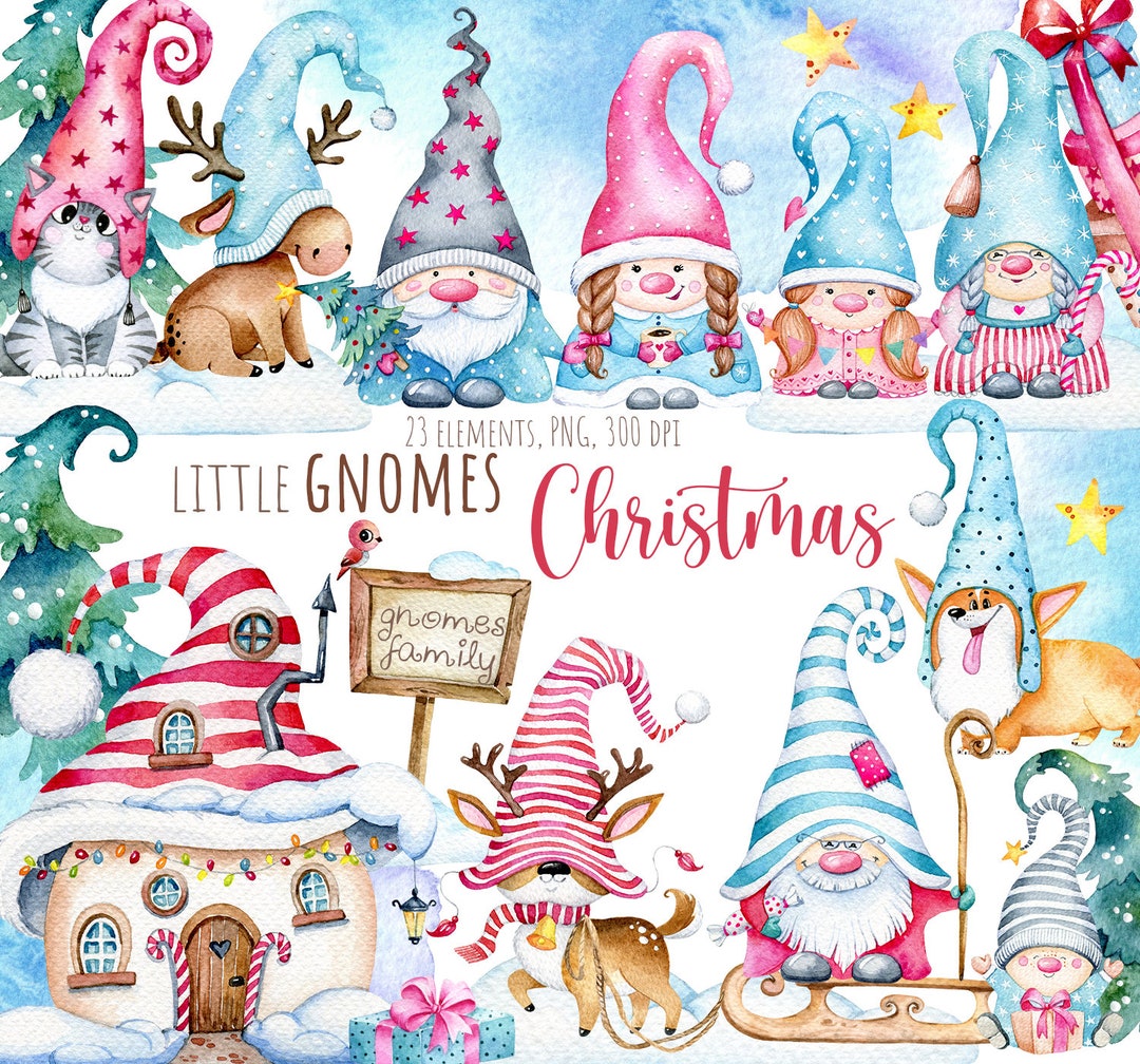 Christmas Gnomes Clipart, Watercolor Christmas Clipart, Cute ...
