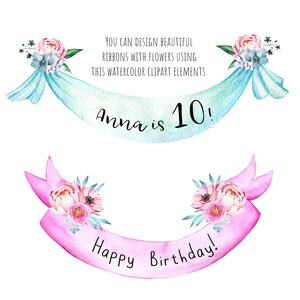 Watercolor Banners Clipart Set, Watercolor Ribbons and Bows With Floral ...