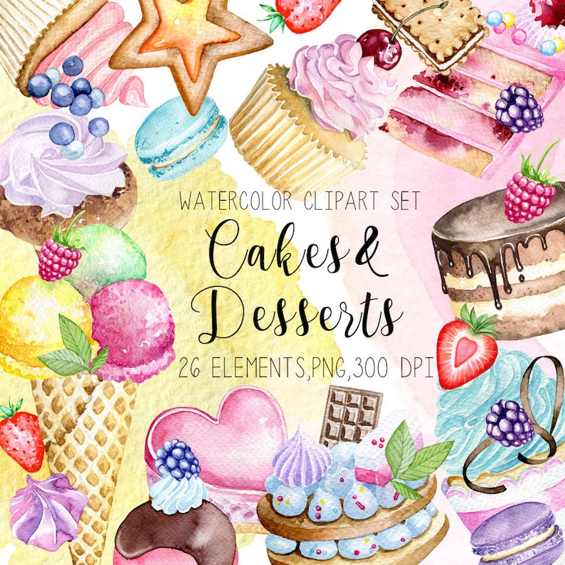 Watercolor Desserts Clipart,watercolor Cakes Clipart,watercolor Cupcake ...