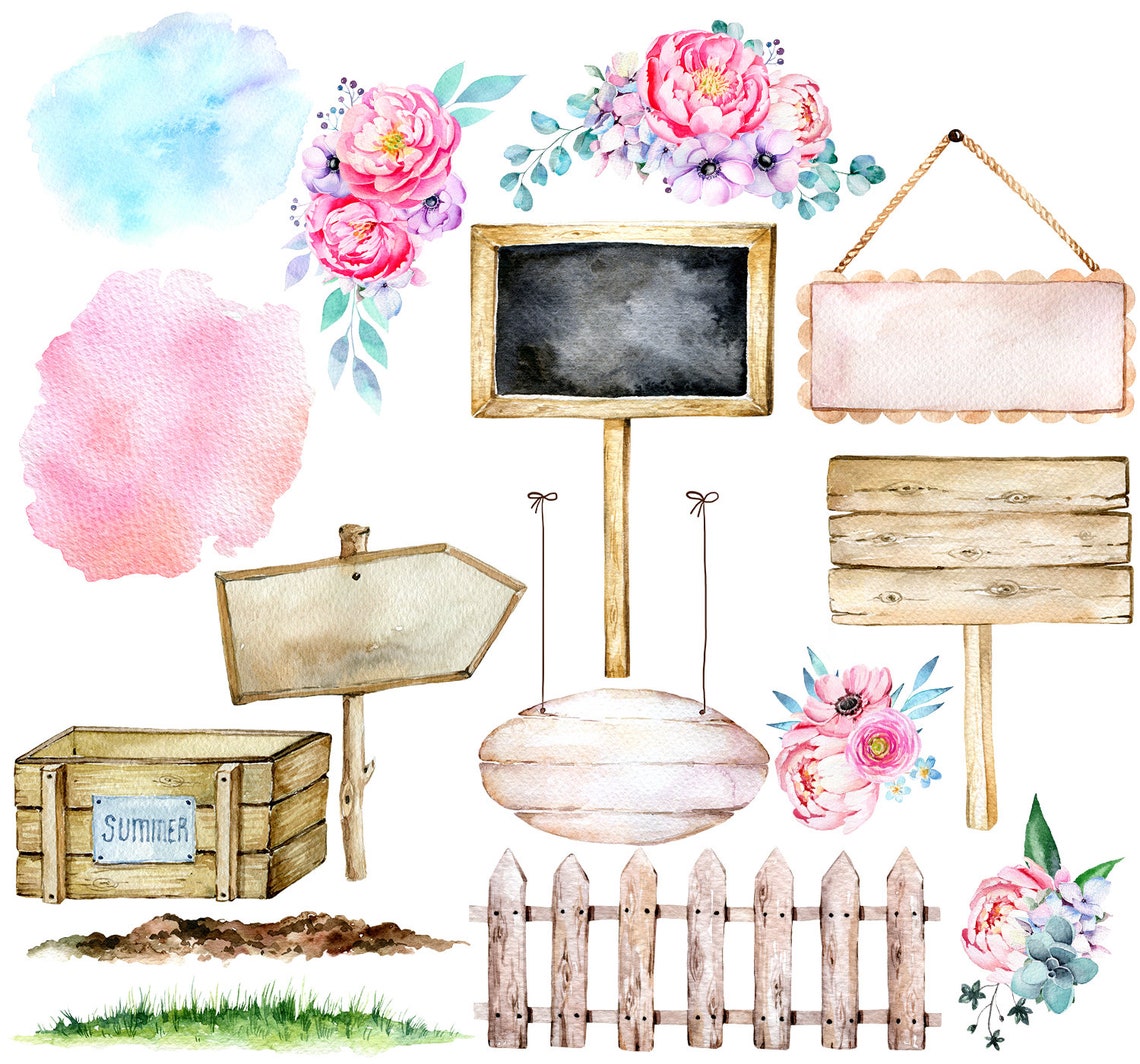 Watercolor Wooden Signboards With Floral Elements Wooden - Etsy