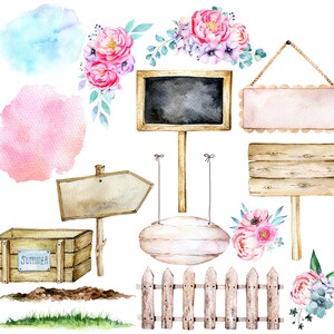 Watercolor Wooden Signboards With Floral Elements, Wooden Arrow ...