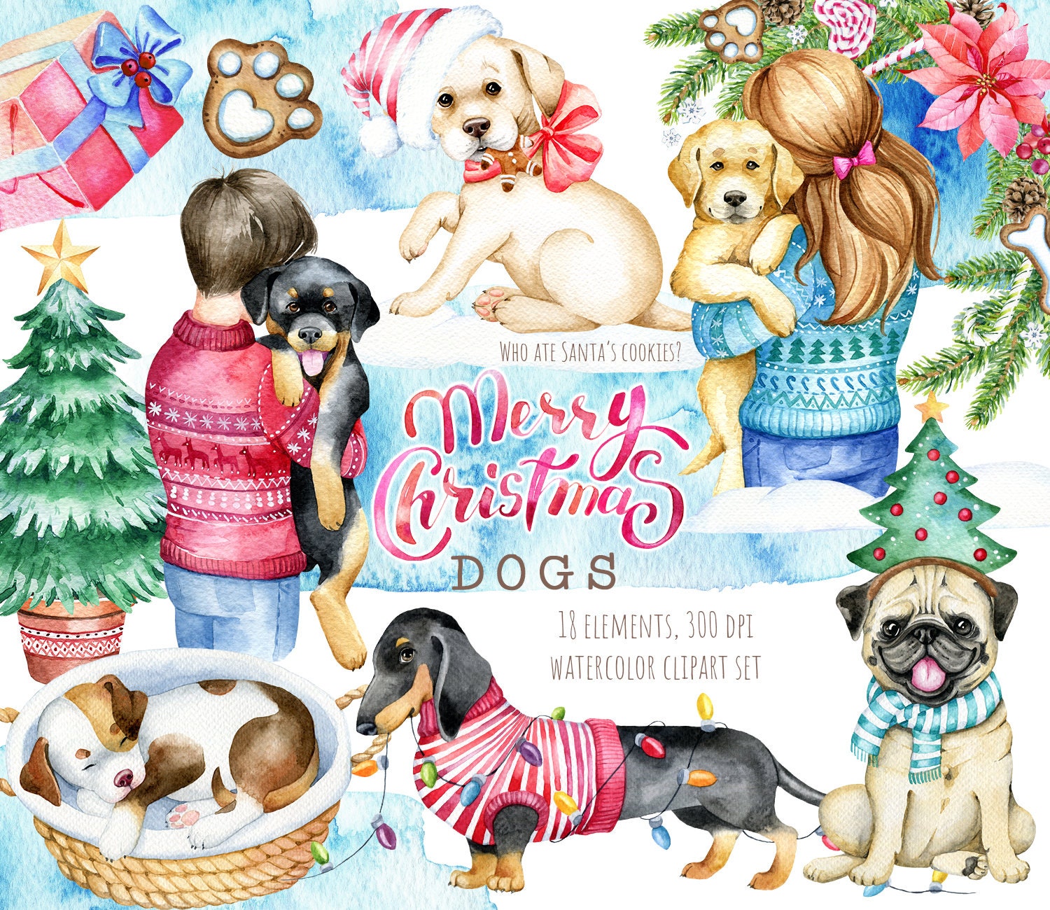 Christmas Dogs Clipart Holiday Clipart Christmas Pug - Etsy