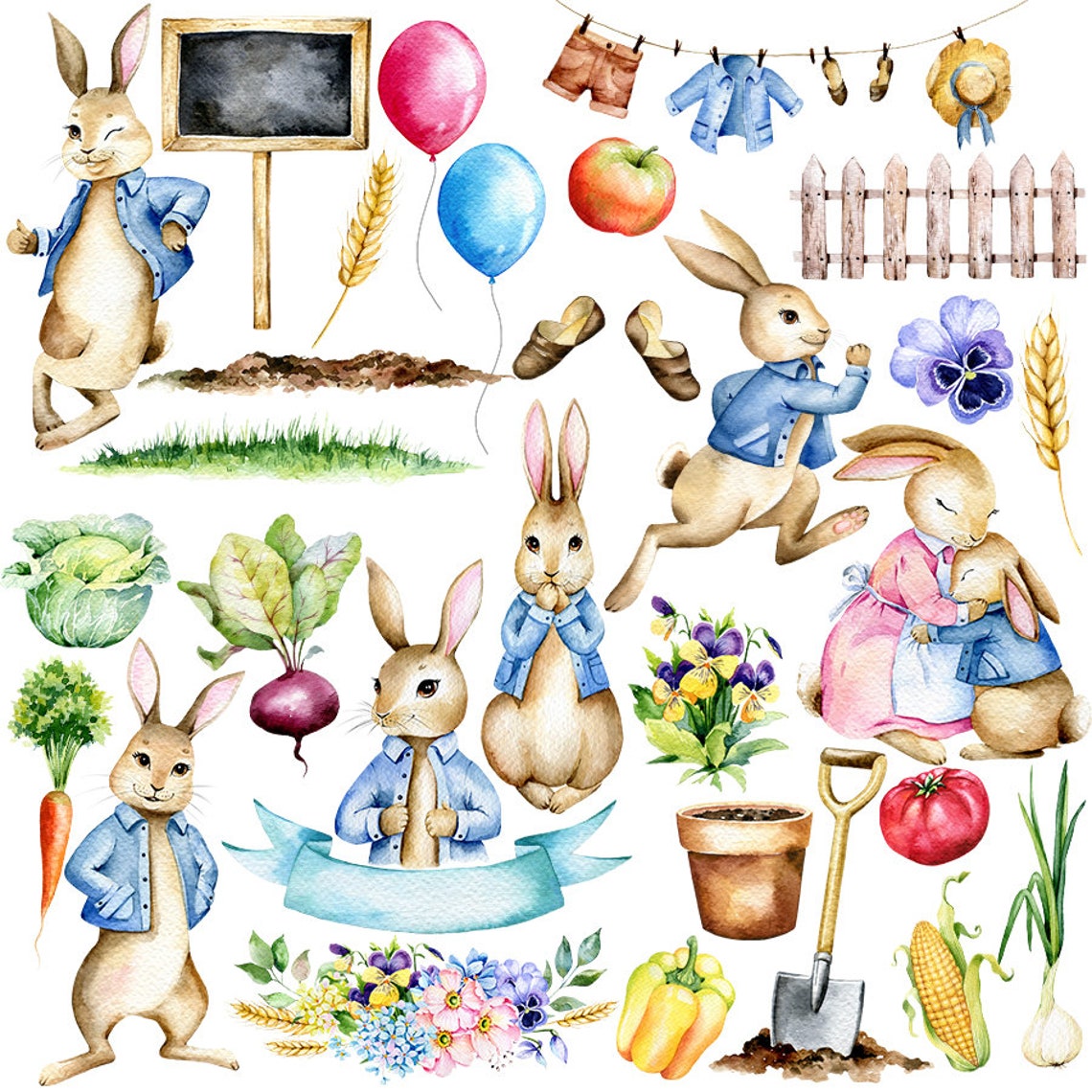 Cute Rabbit's Farm Watercolor Clipart, Cute Bunny, Farm Animals Clipart ...