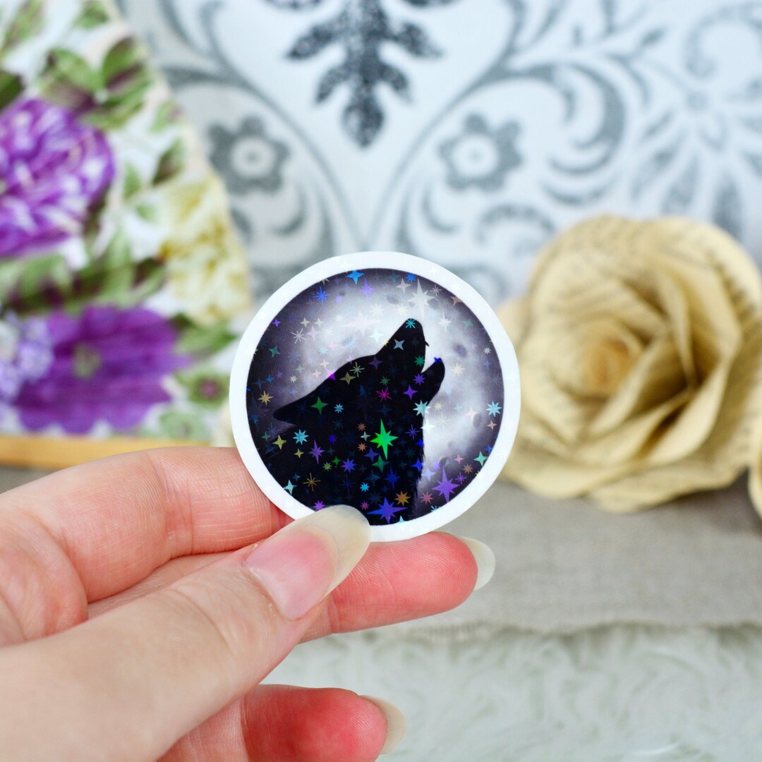 Howling Wolf Infront of a Full Moon Holographic Vinyl Sticker Bookish ...