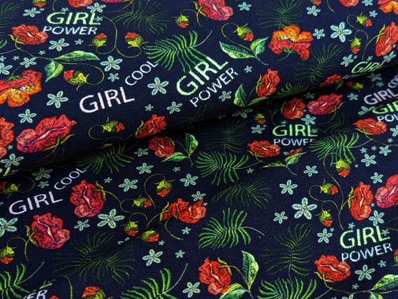 French Terry Girl Power With Flowers on Midnight Blue Fabric - Etsy