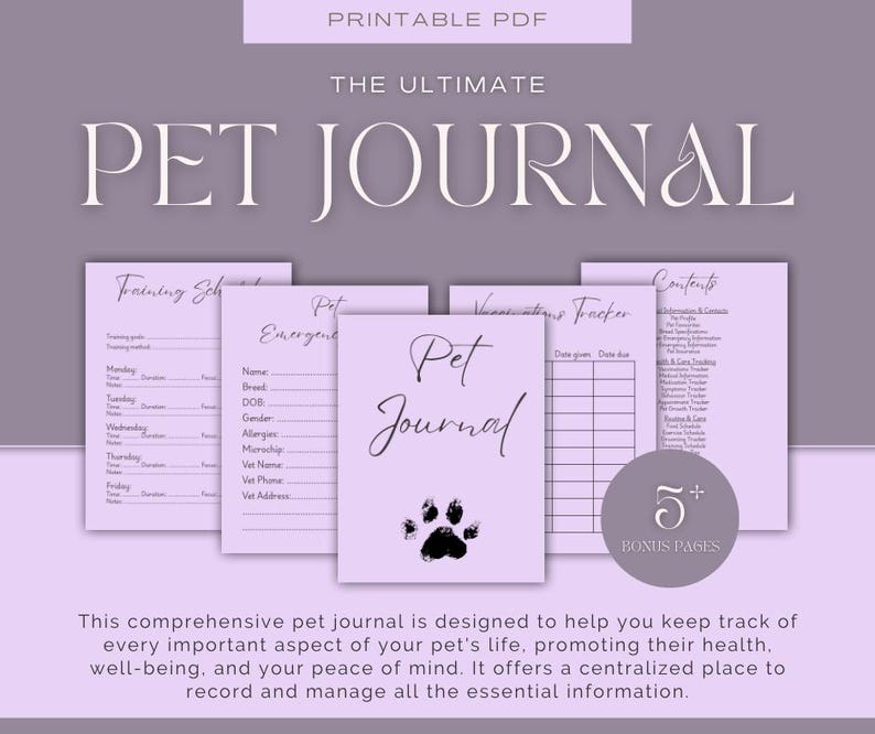 Pet Journal, Printable Pet Planner, Pet Health Tracker, Pet Medical ...