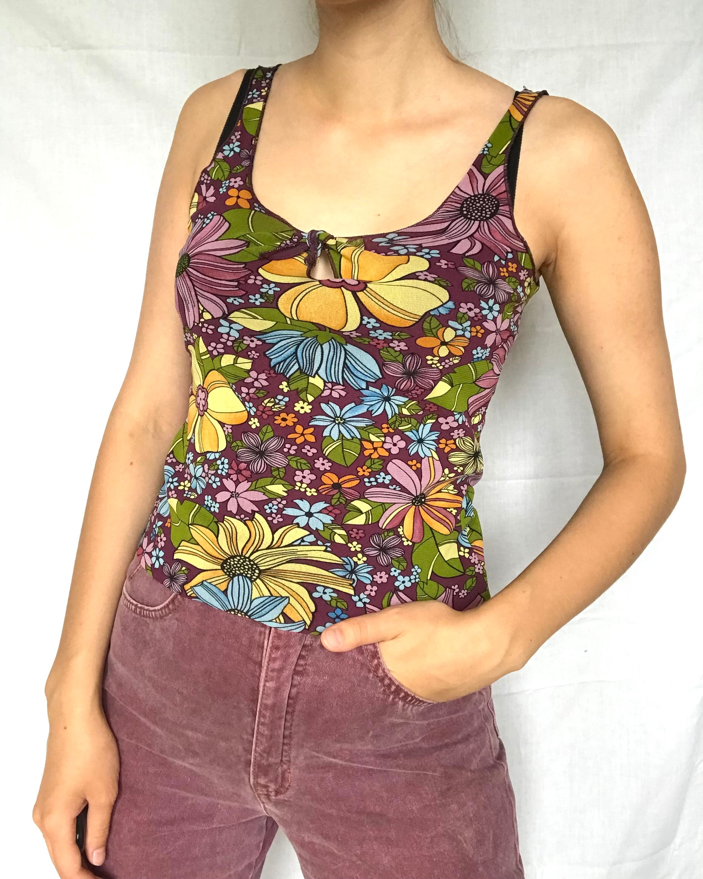 Vintage 90s Floral Mesh Tank Top 70s Hippie Style | Etsy