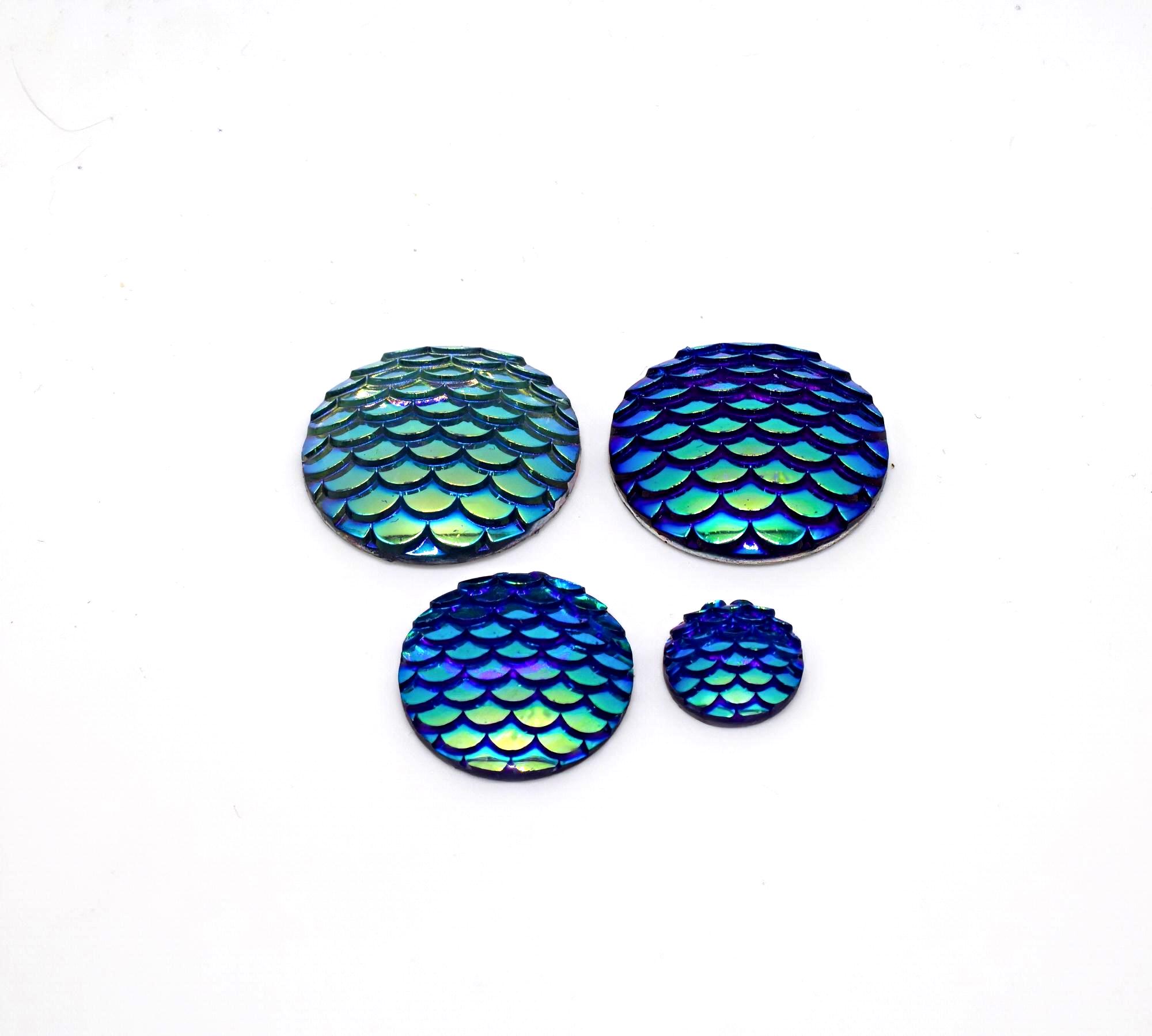 20pcs Blue Iridescent Mermaid Scale Cabochon, 25mm Flat Back Dragon ...
