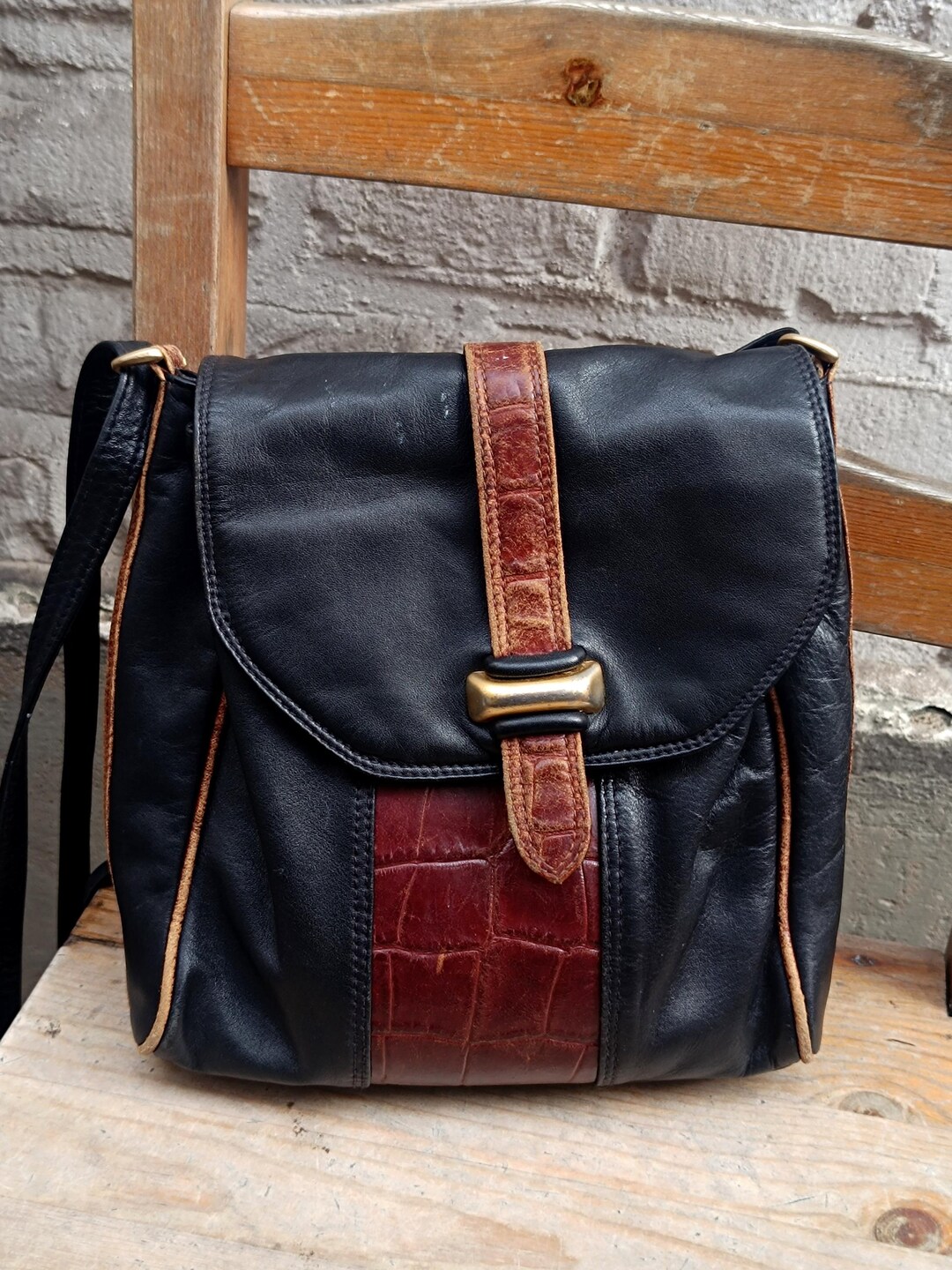 90s Mini Satchel Vintage Brown Leather Shoulder Bag With Faux Exotic ...