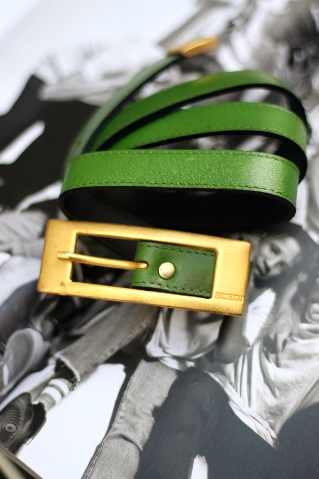 Vintage Green Skinny Leather Belt 80s Green and Gold Colored Belt ...