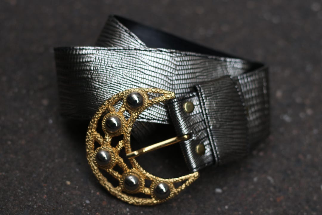 Crescent Moon Belt 80s Vintage | Black Faux Leather Waist Belt | Gold ...