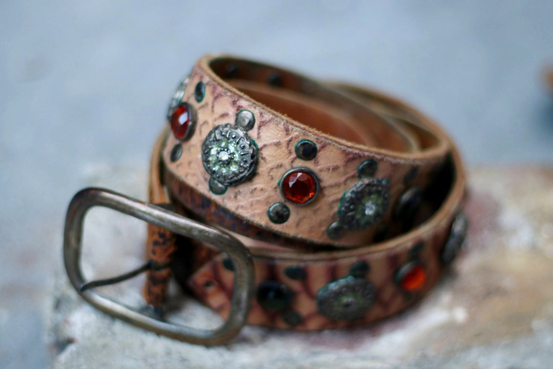 70s Bejewelled Belt Vintage Women's Brown Leather Belt Cowgirl Belt ...